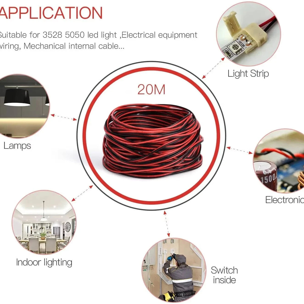 5/10/20/30m 2pin 22 AWG UL2468 2*0.5mm Extension Cable use for 12v 24v ...