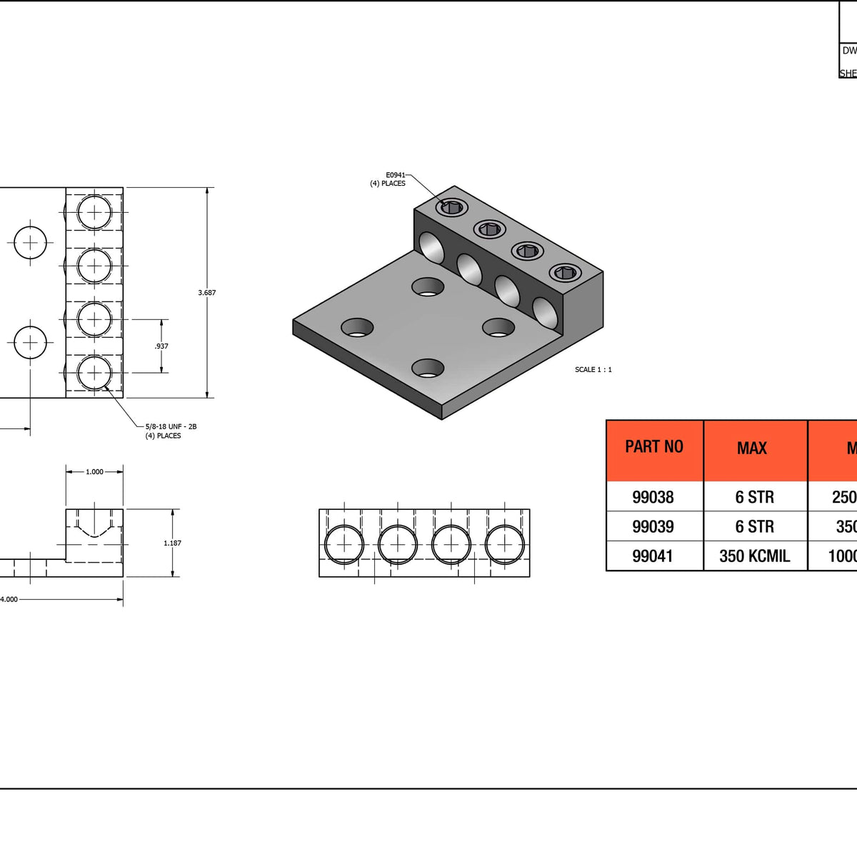 Aluminum Four Barrel Connectors 6 AWG min. to 350 kcmil Max. 1/2 Inch ...
