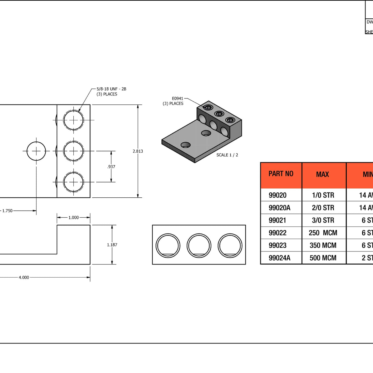 Aluminum Three Barrel Connectors 6 AWG min. to 250 kcmil max. 1/2 Inch ...