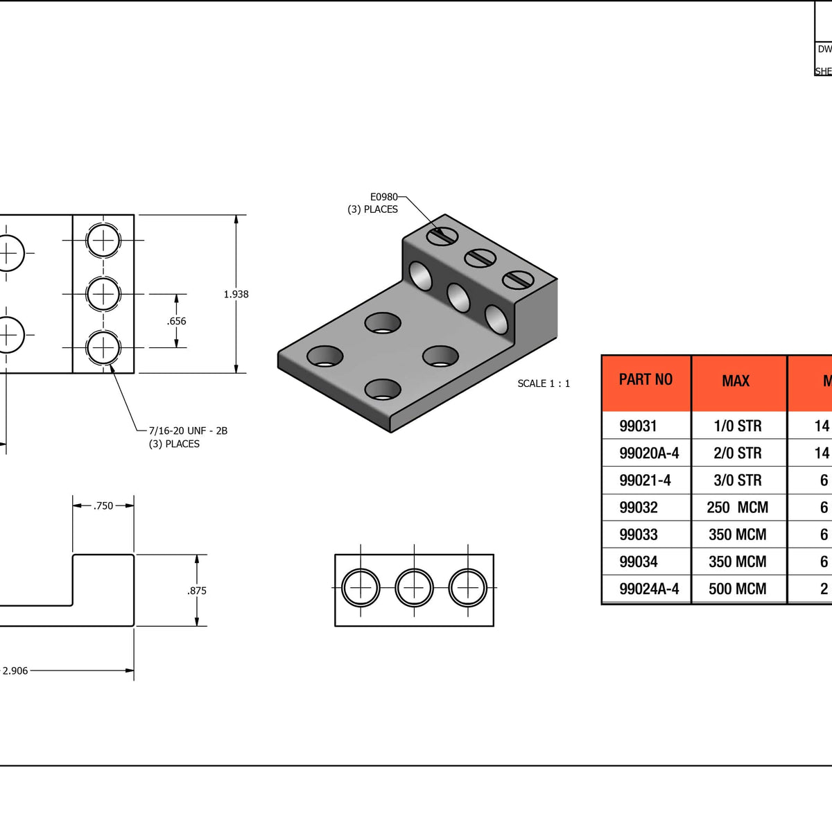 Aluminum Three Barrel Connectors : 6 AWG min. to 350 kcmil max. 1/2 In ...