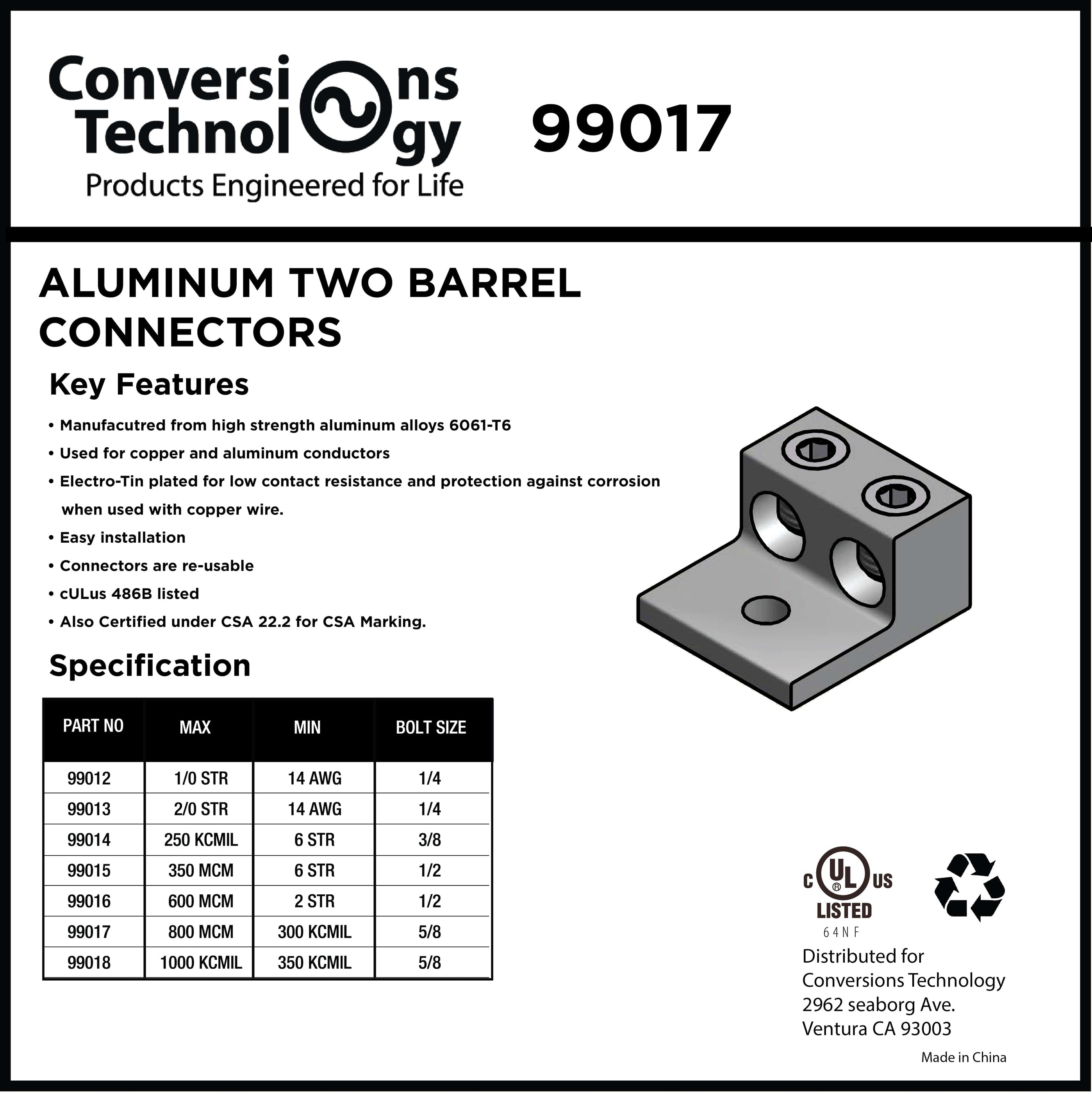 Aluminum Two Barrel Connectors 300 kcmil min. to 800 kcmil max. 5/8 In ...