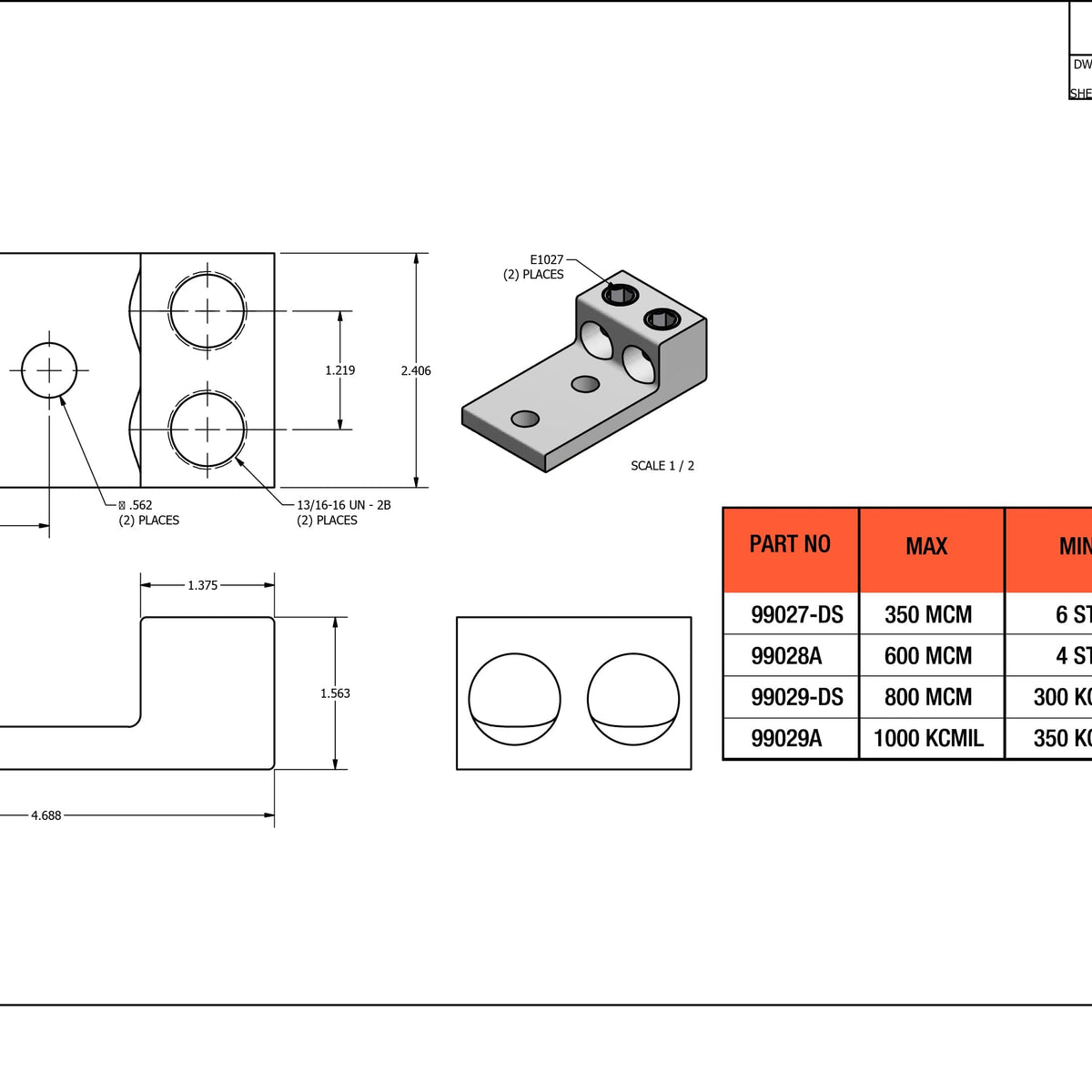 Aluminum Two Barrel Connectors 4 AWG min. to 600 kcmil max. 1/2 Inch S ...