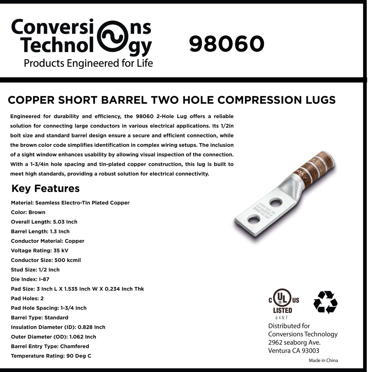 Copper Short Barrel Two Hole Compression Lugs 500 MCM 1/2-inch Bolt Si ...