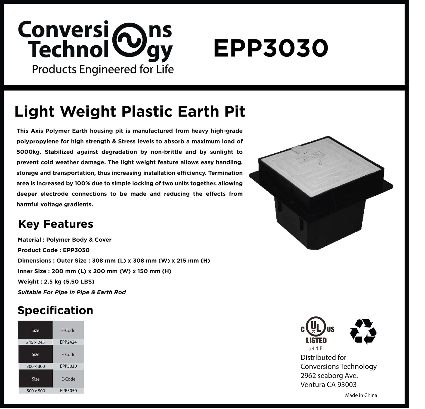 Light Weight Plastic Earth Pit - EPP3030 — Conversions Tech